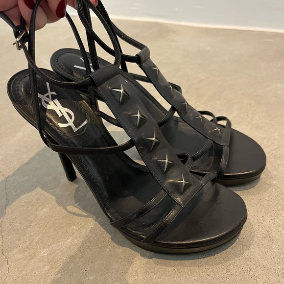 Yves Saint Laurent | Shoes | Ysl Studded Front Strappy Black Heels ...